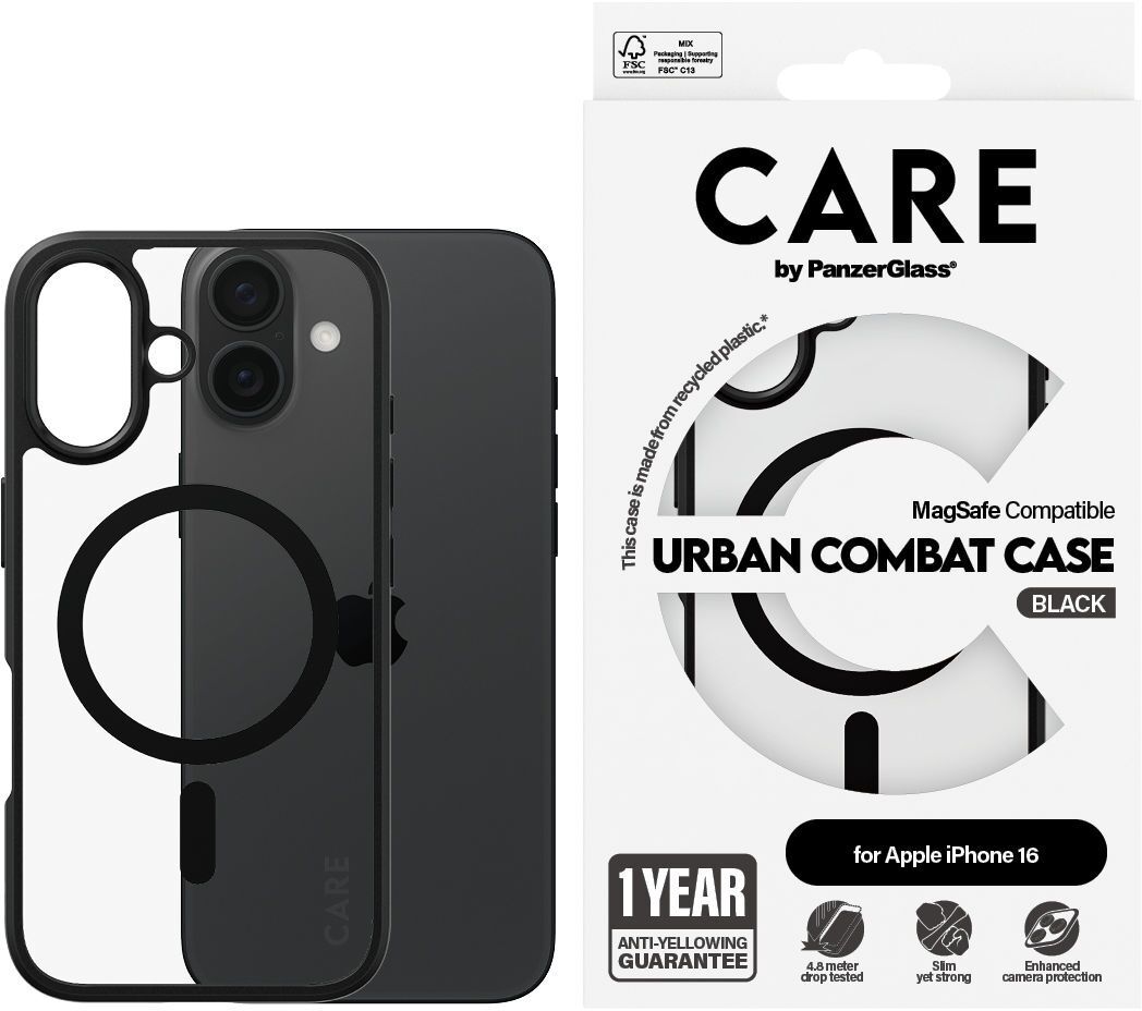PanzerGlass Care Urban Combat iPhone 16 símahulstur - Glært / svartur ...